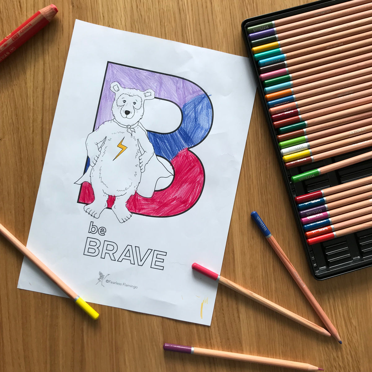 'be Brave' free colouring in download– Fearless Flamingo